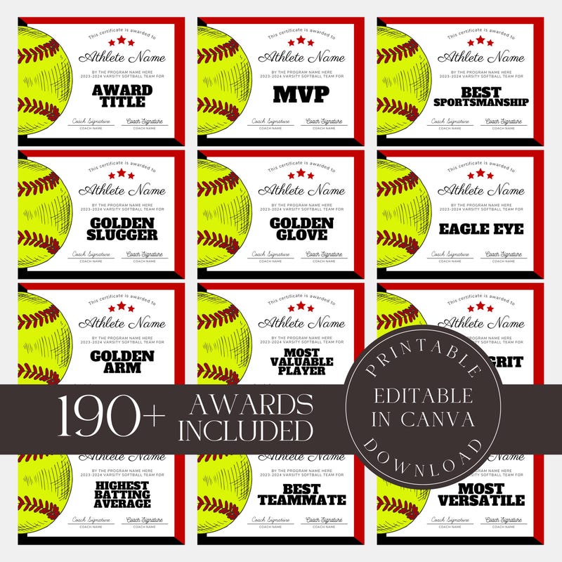 Softball Award Template - Etsy