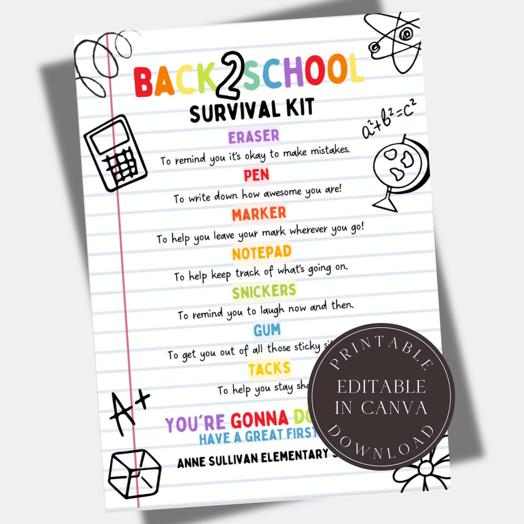 Editable Back to School Survival Kit Card Staff Teacher Gift Printable ...
