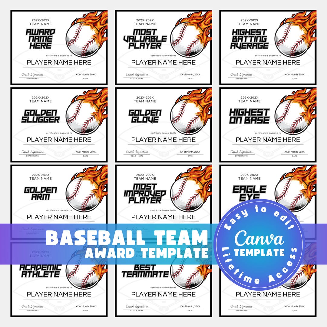 Baseball Awards Bundle, Editable Baseball Certificate Canva Template ...