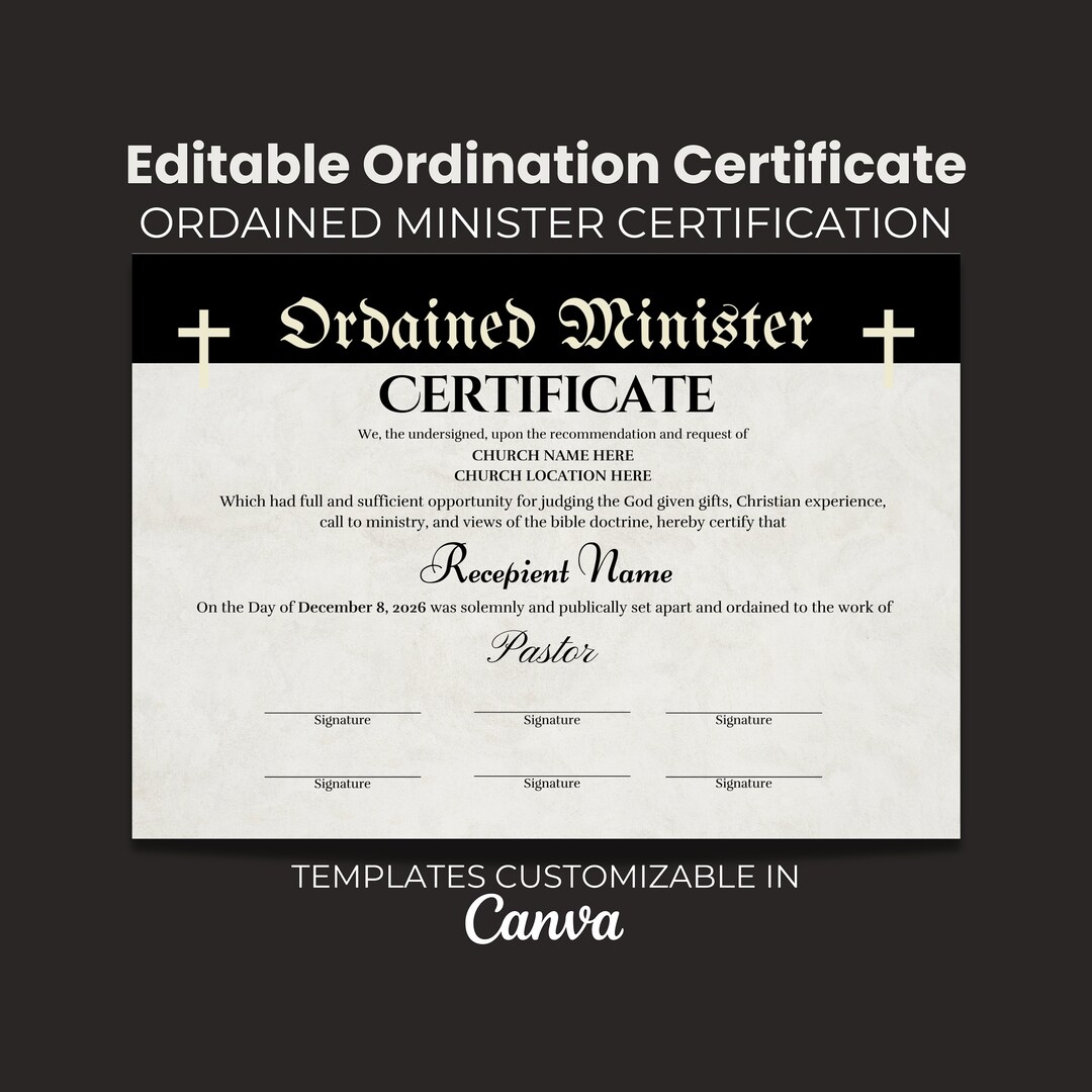 Editable Certificate of Ordination, Template Ministry Certificate ...