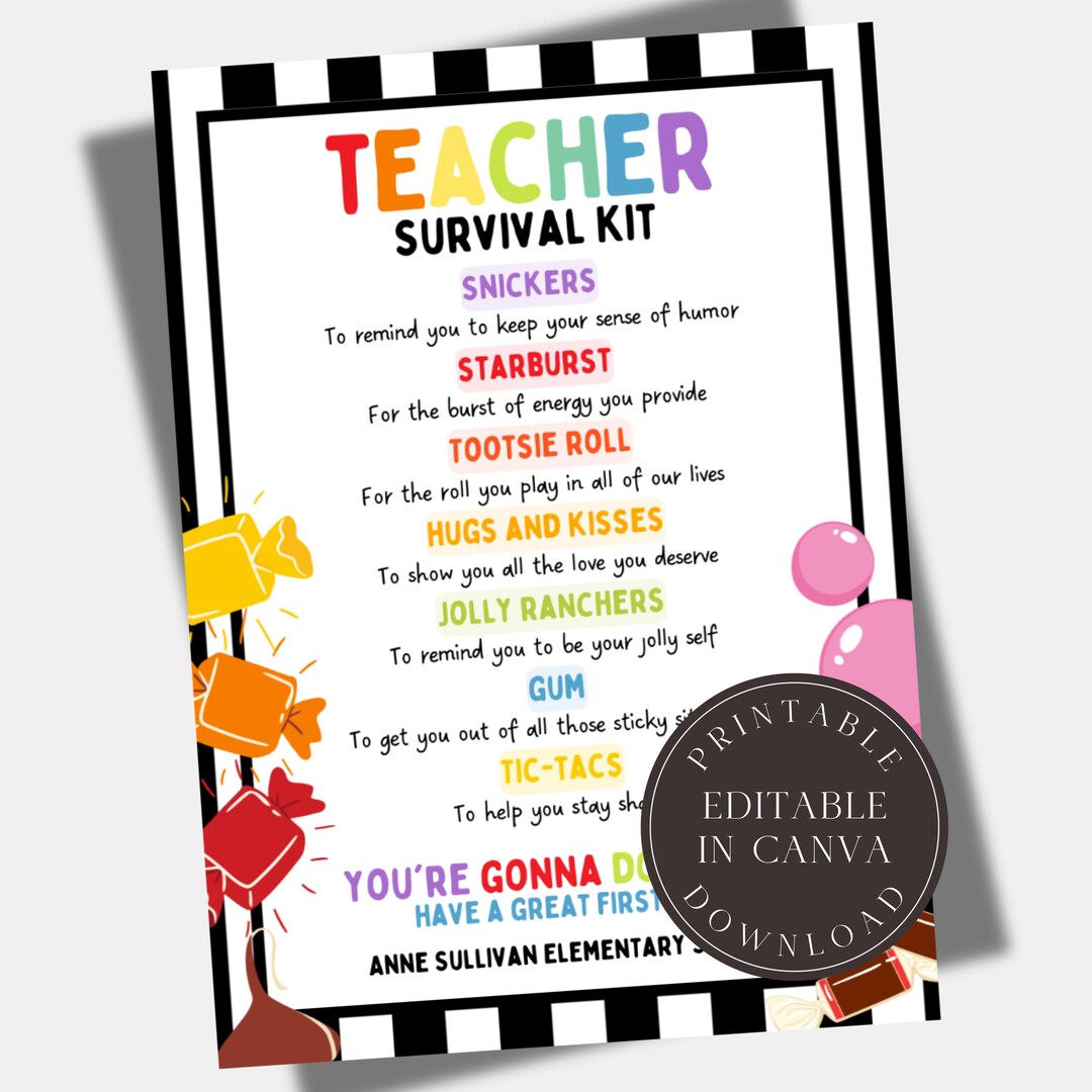 Editable Teacher Survival Kit Card Back to School Teacher Gift ...