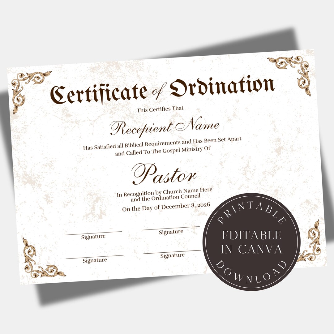 Editable Certificate of Ordination Template Ministry Certificate ...