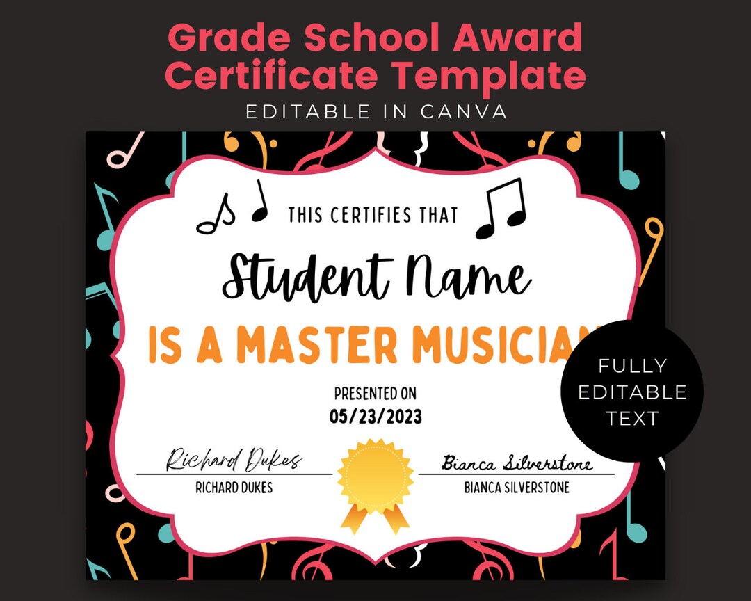 Editable School Certificate Student Music Award, Elementary Classroom ...