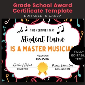 Editable School Certificate Student Music Award, Elementary Classroom ...