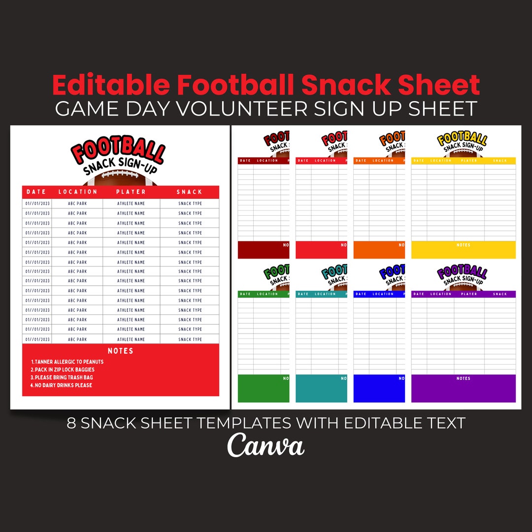 Editable Football Snack Sign up Sheet, Game Day Schedule Template ...