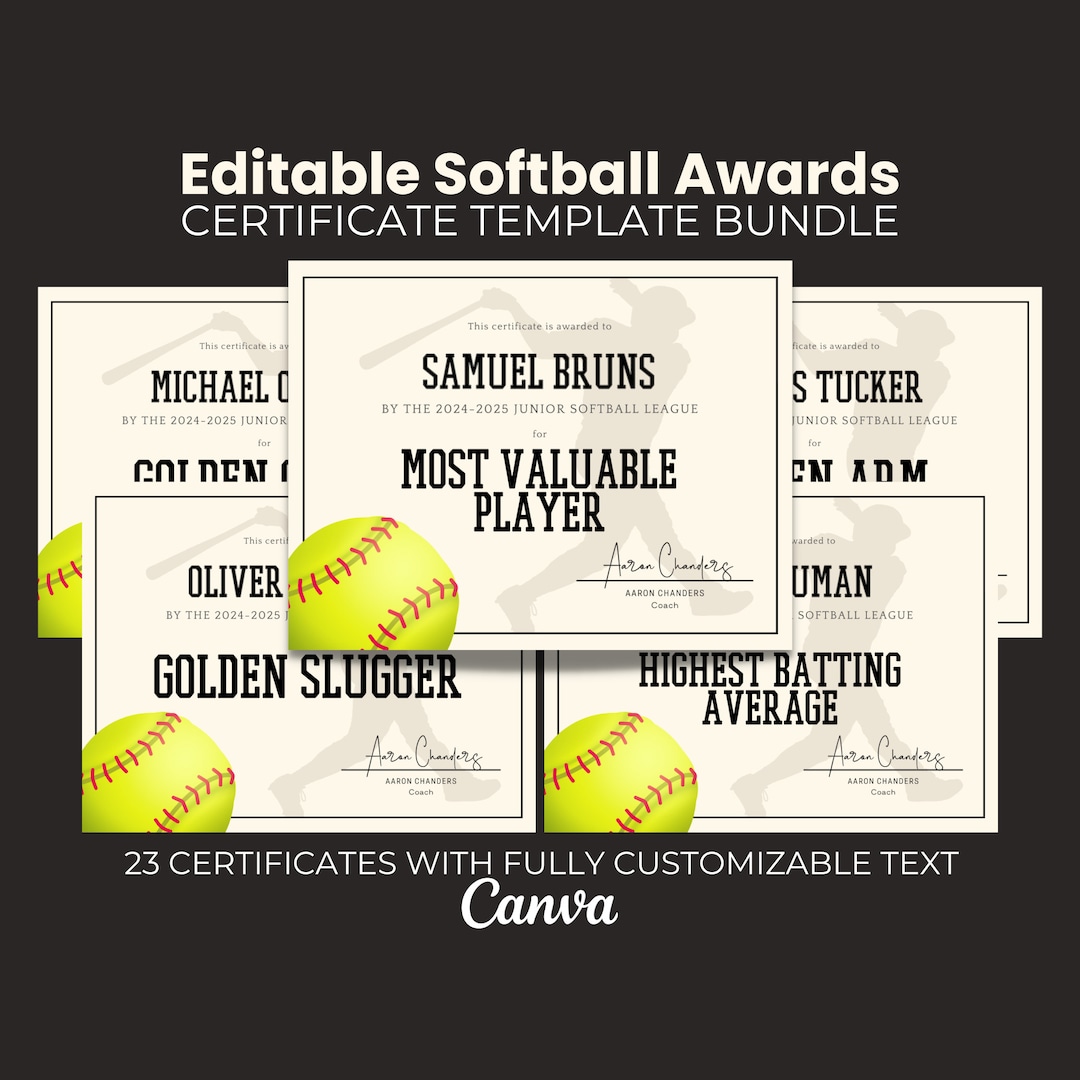 Softball Awards Printable, Softball Team Certificate Bundle, Canva ...