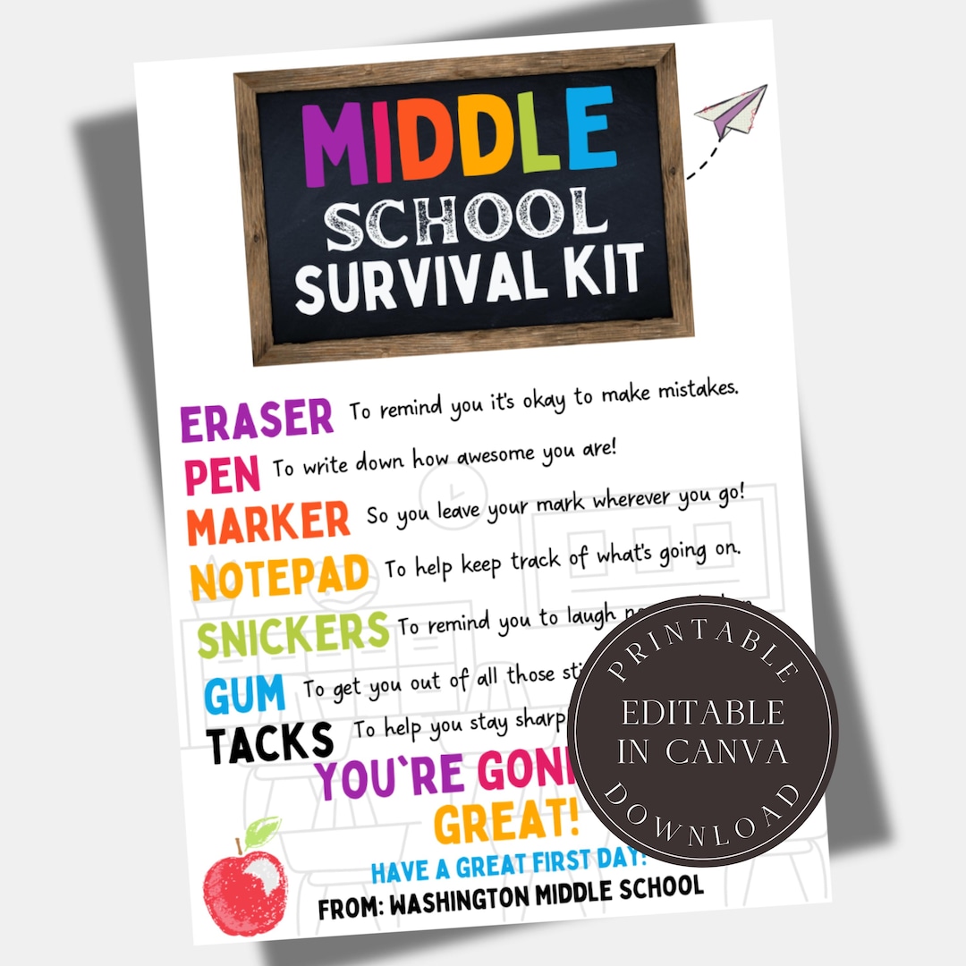 Editable Middle School Survival Kit Gift Tag Gift for Teachers Staff ...