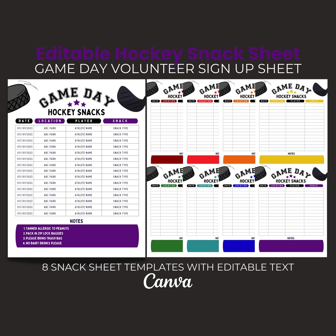 Editable Hockey Snack Sign up Sheet, Game Day Schedule Template ...