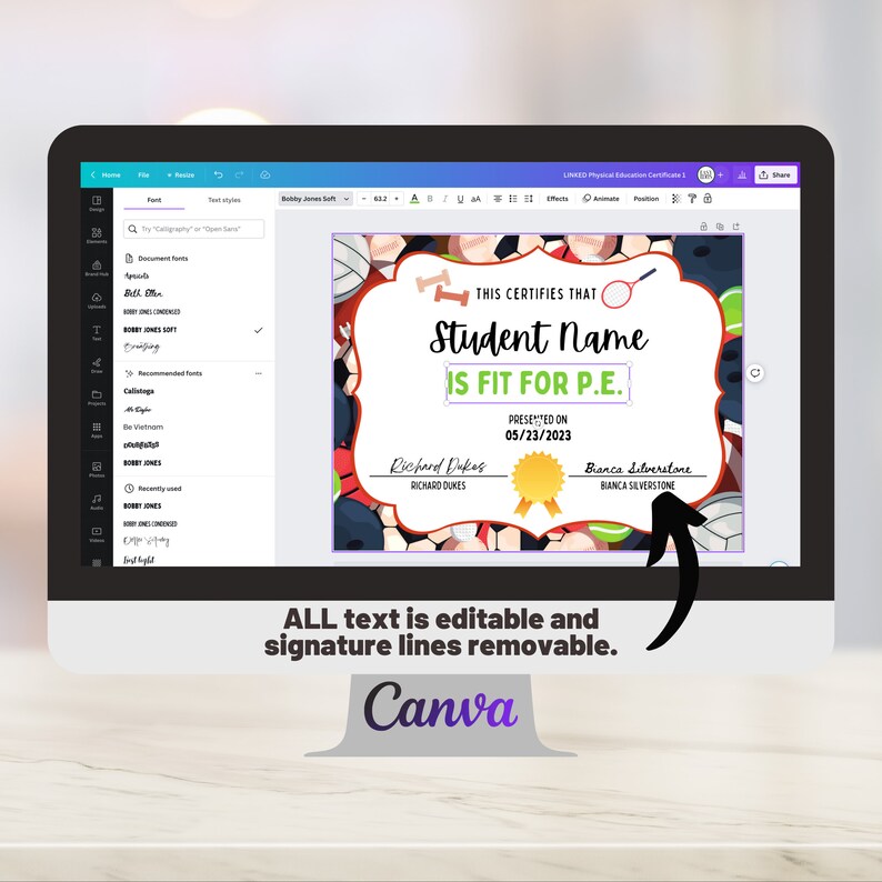 Editable School Certificate Physical Education Award Elementary Student ...