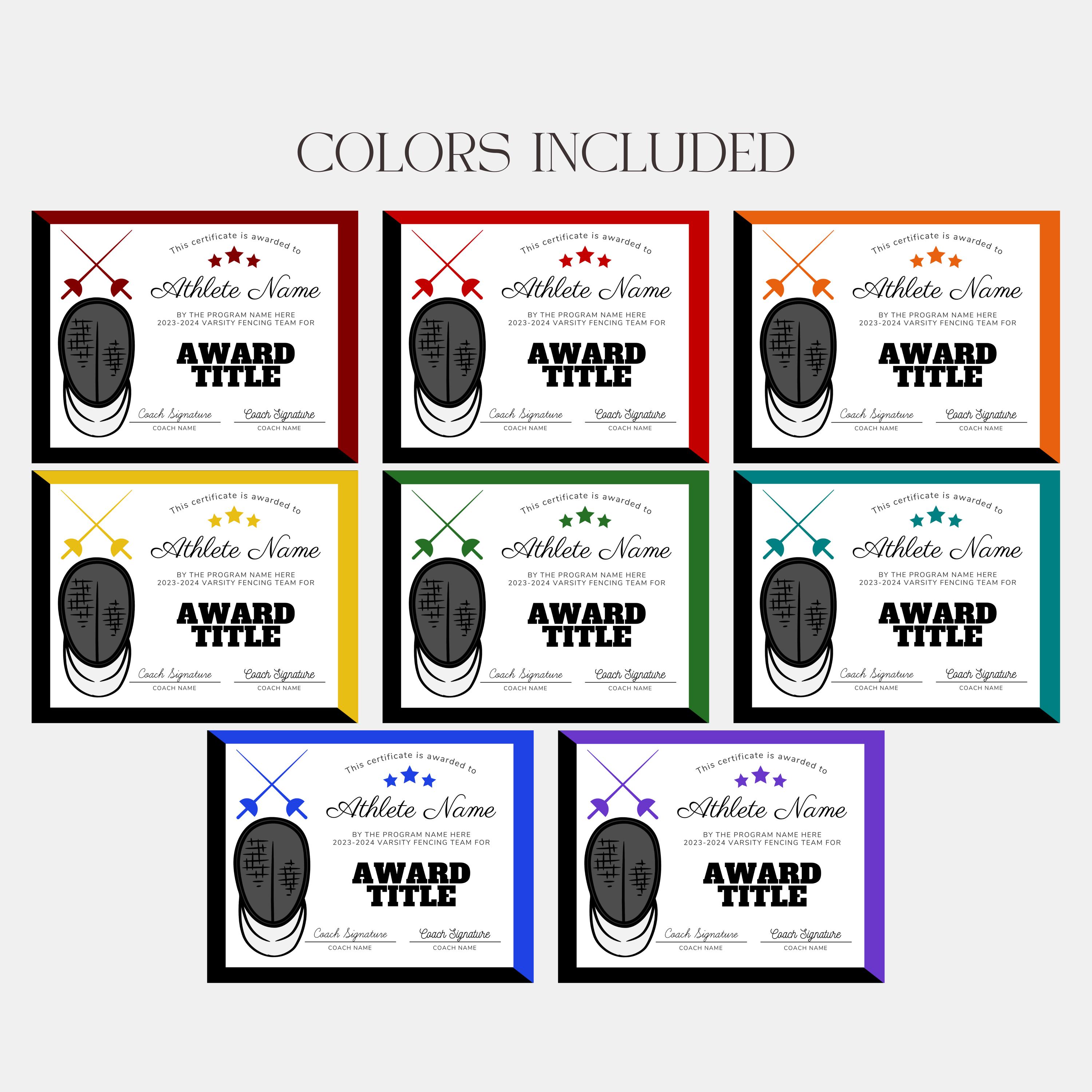 Editable Fencing Team Certificate Template Printable Fencer Award ...