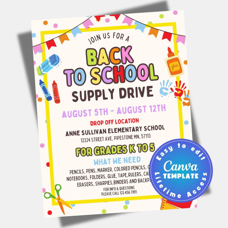 Editable Back to School Supply Drive Flyer Template (PDF Download) - Etsy