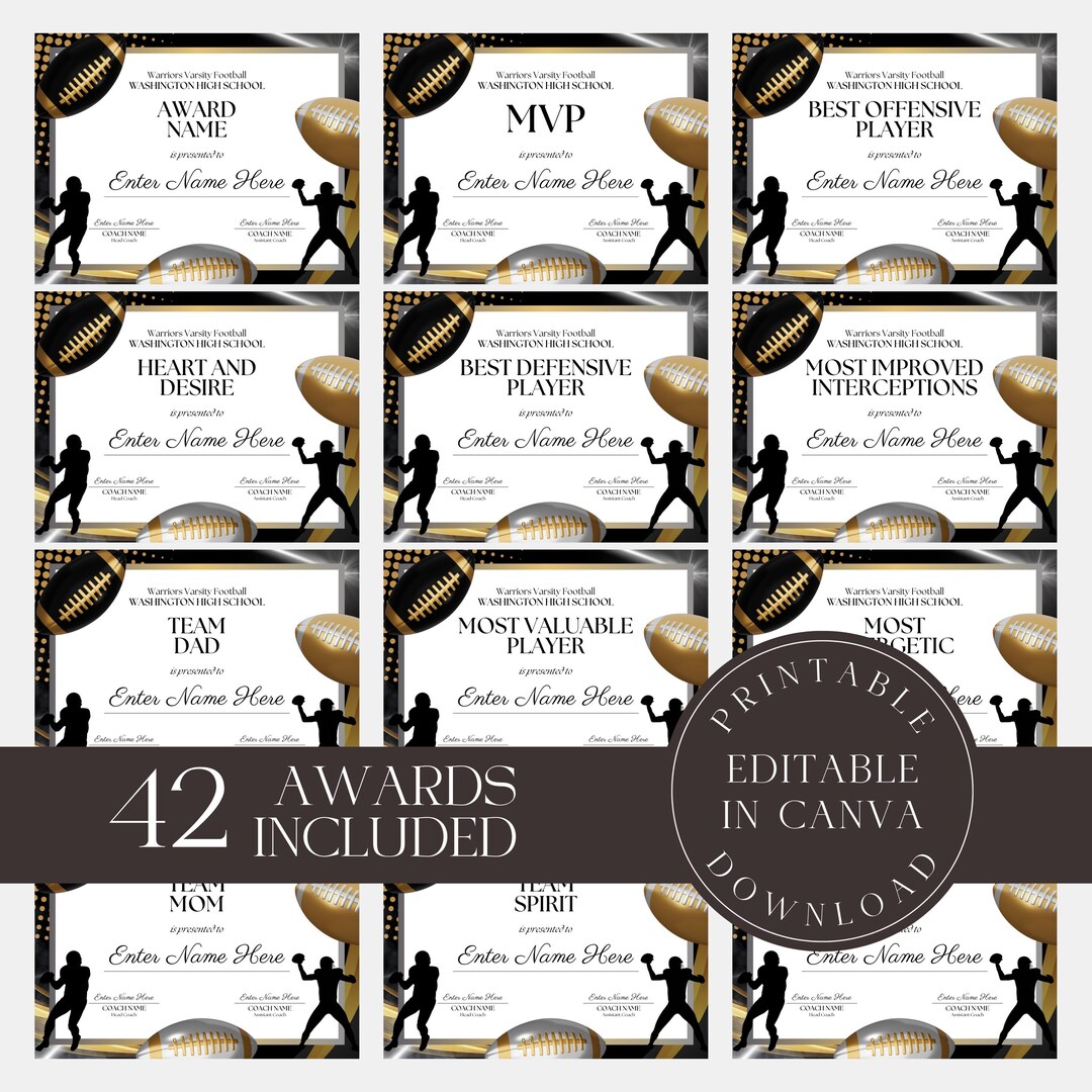 Editable Football Award Certificates Team MVP, Canva Template (PDF) - Etsy