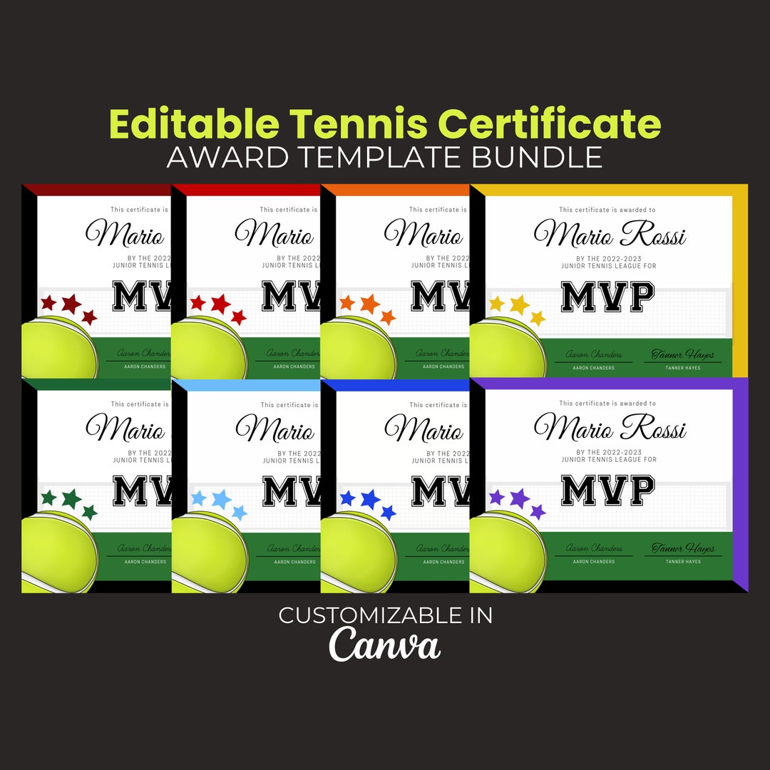 Editable Tennis Certificate Template Bundle, Tennis Award, Printable ...