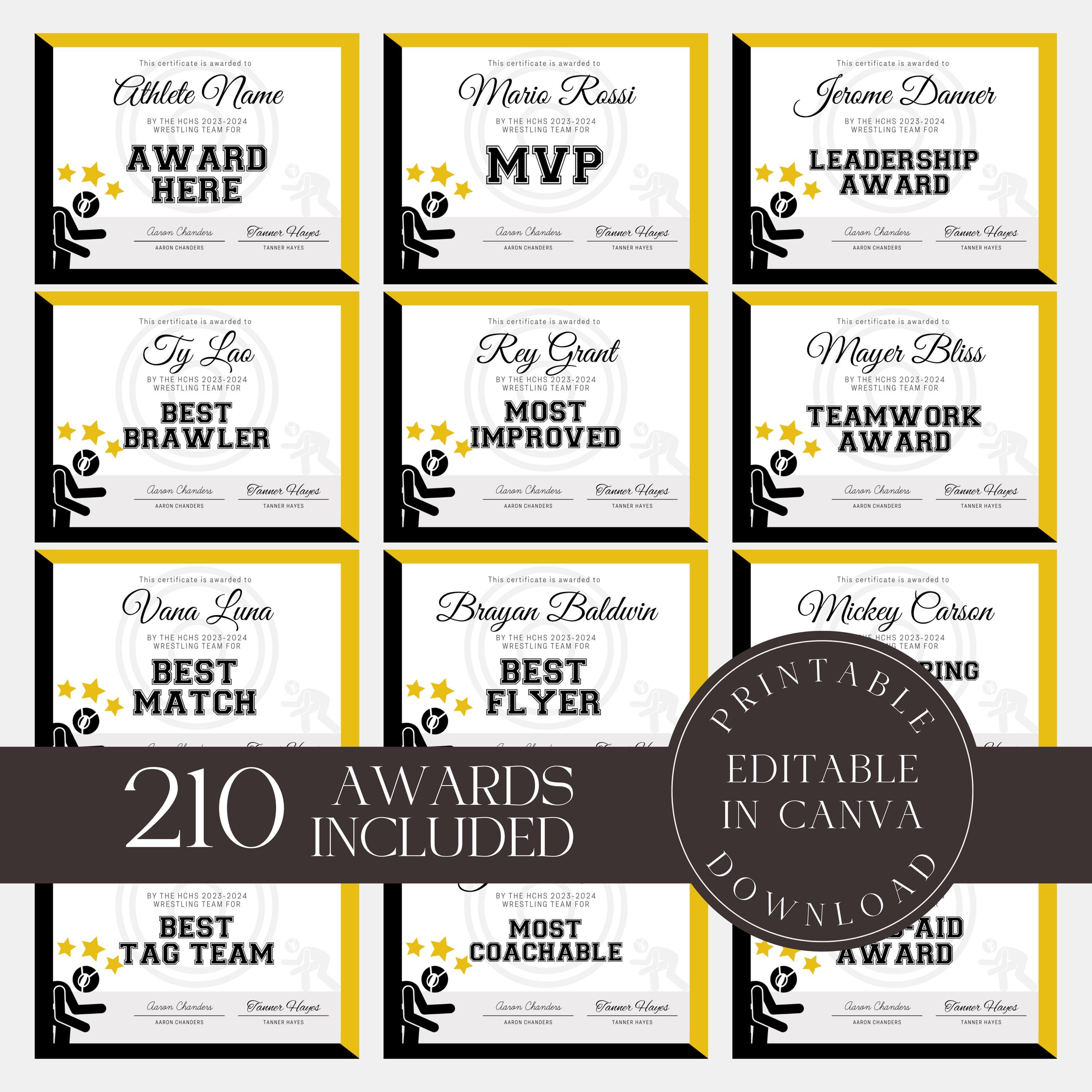 Wrestling Award Certificate Template Bundle Editable Team Awards (canva ...