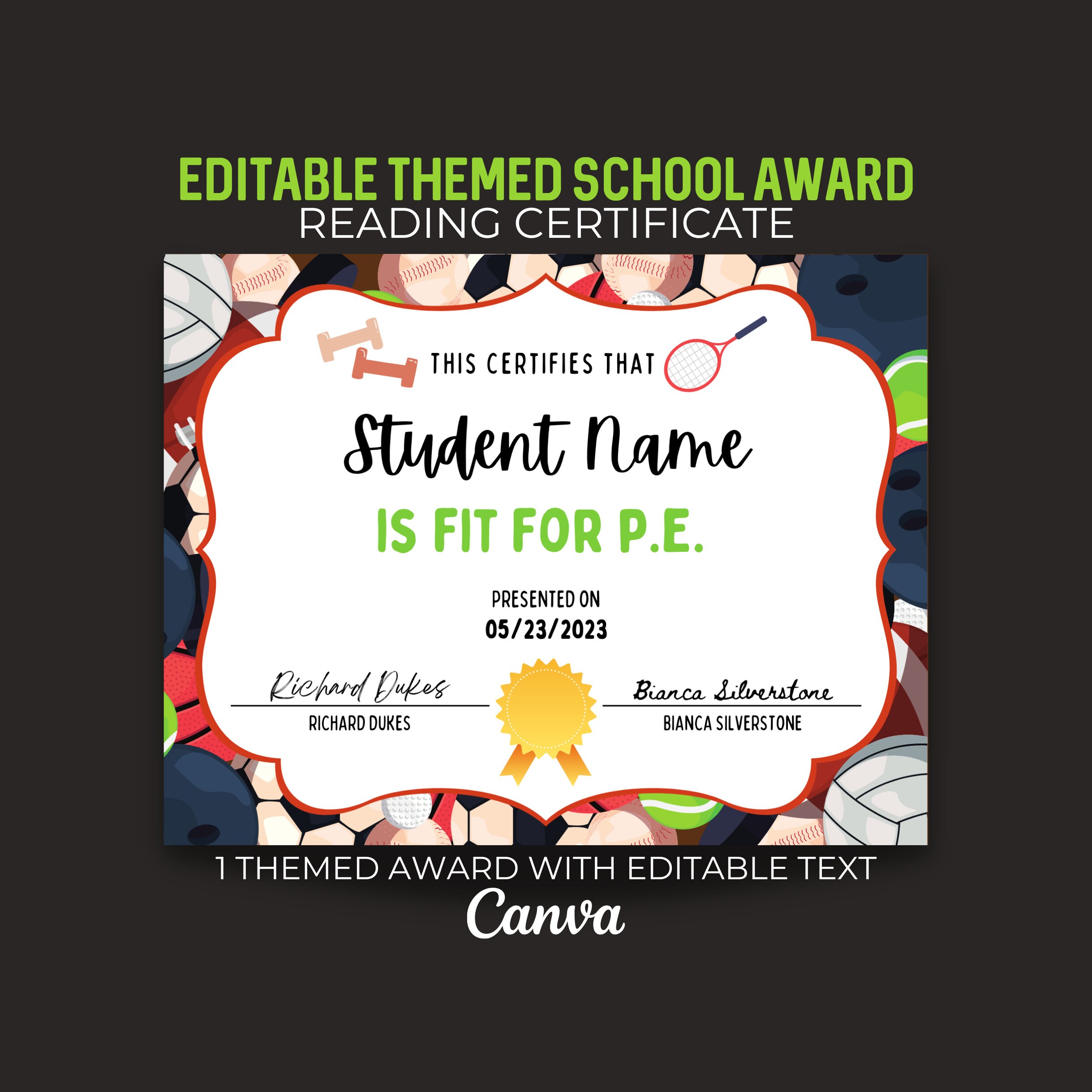 Editable School Certificate Physical Education Award - Etsy