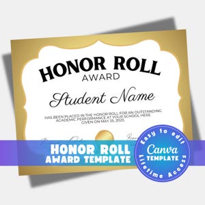Editable School Honor Roll Certificate Academic Excellence Award (canva ...