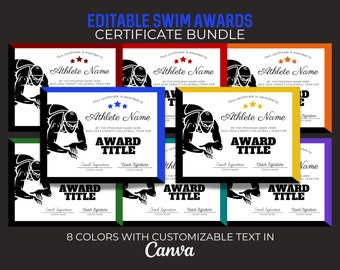 Swimming Award Certificate Editable Canva Template Printable - Etsy