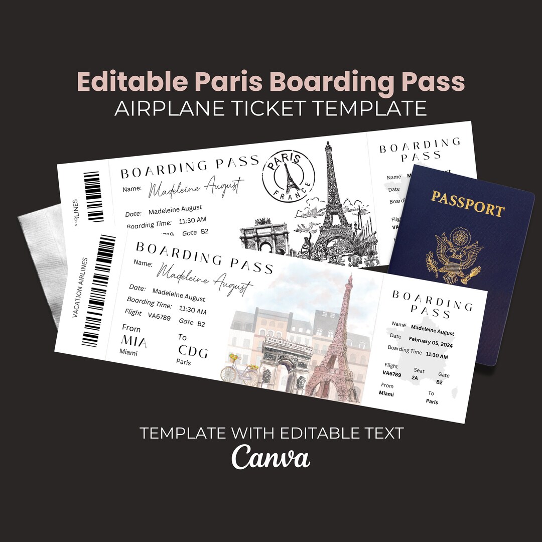 Editable Paris Surprise Boarding Pass, Printable France Ticket Canva ...
