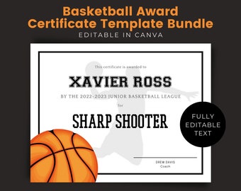 Basketball Award Certificate Editable Canva Template - Etsy