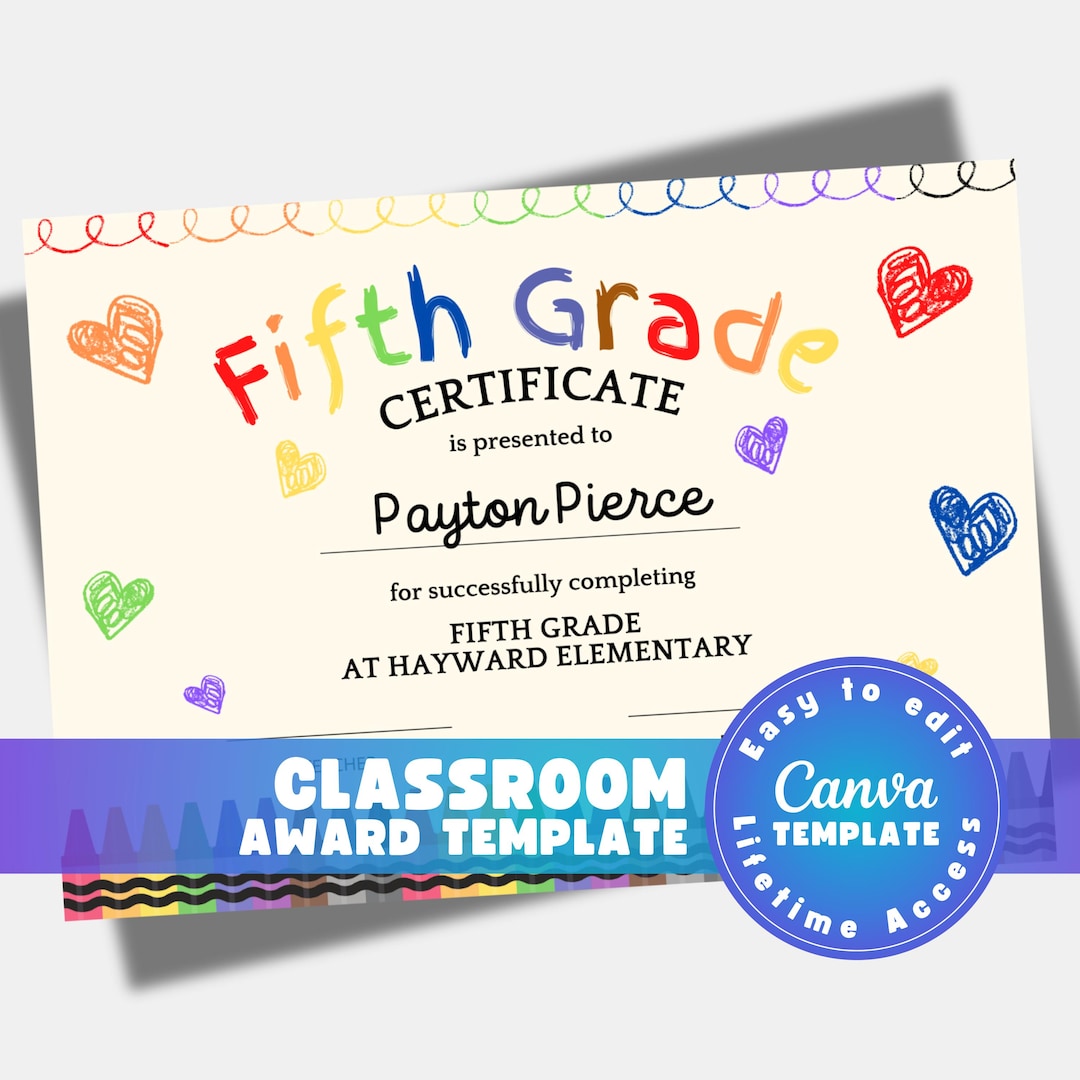 Editable Fifth Grade Award Certificate Classroom Graduation (canva ...