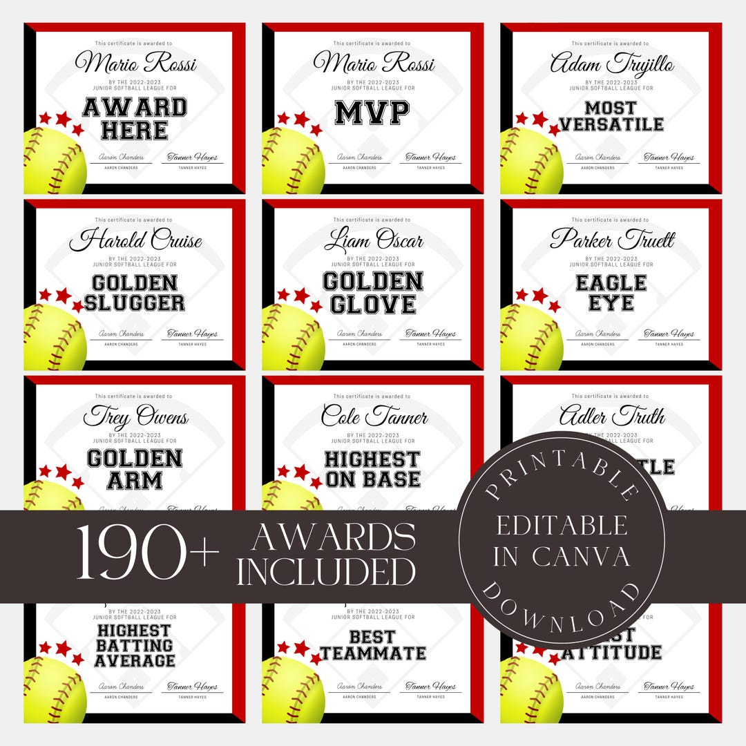 Softball Awards Bundle, Editable Softball Certificate Canva Template ...