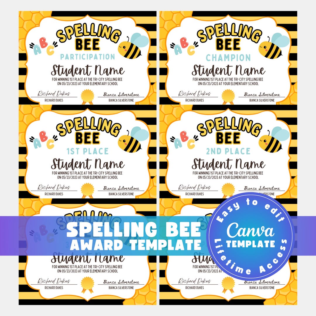 Editable Spelling Bee Certificates School Award Template (canva) - Etsy