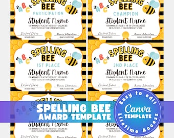 Editable Spelling Bee Certificate Template, Spelling Participant Award ...