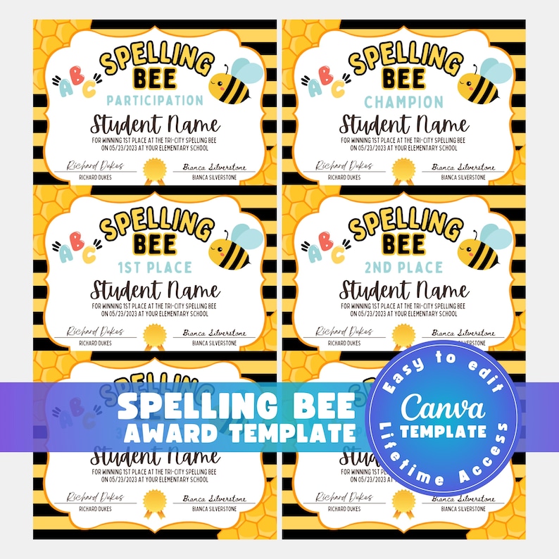 Spelling Bee Certificate Template, Editable School Award Certificate ...