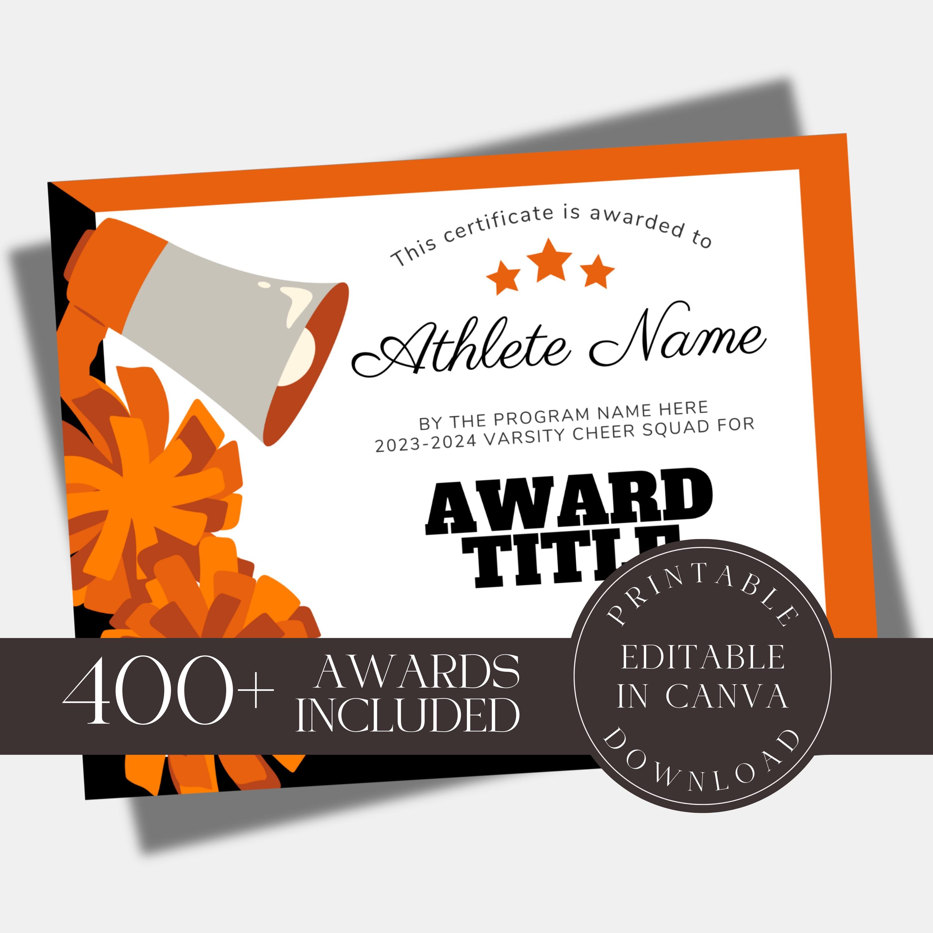Cheerleading Award Certificate Template Editable Cheer Superlatives ...