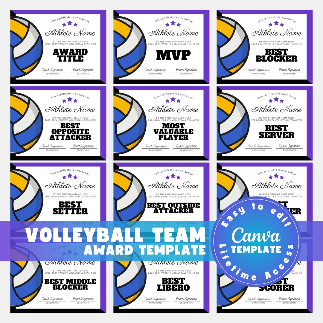 Volleyball Awards Editable Team Certificates (canva) - Etsy
