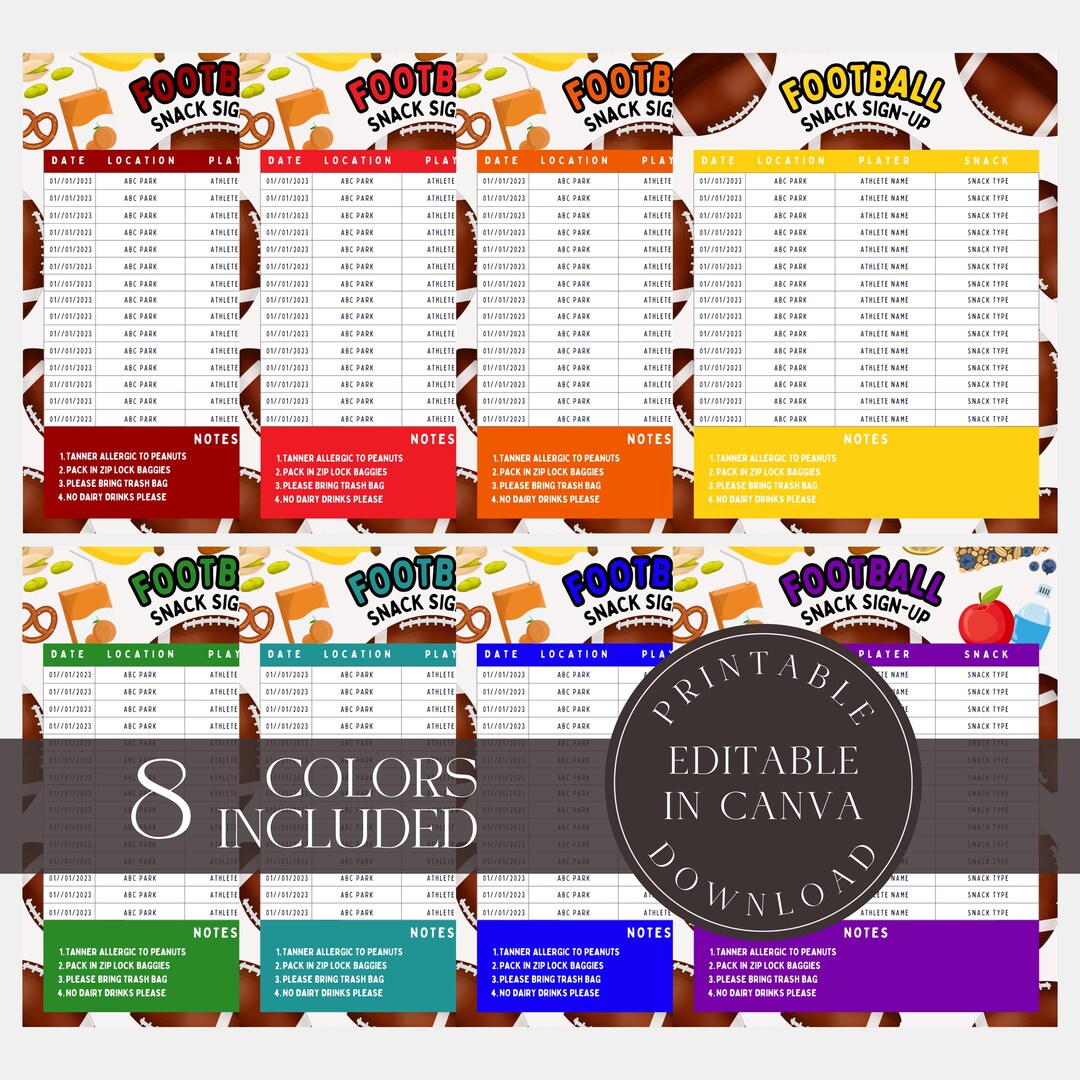 Football Team Snack Sign up Sheet, Team Snack Volunteer Sheet, Parent ...