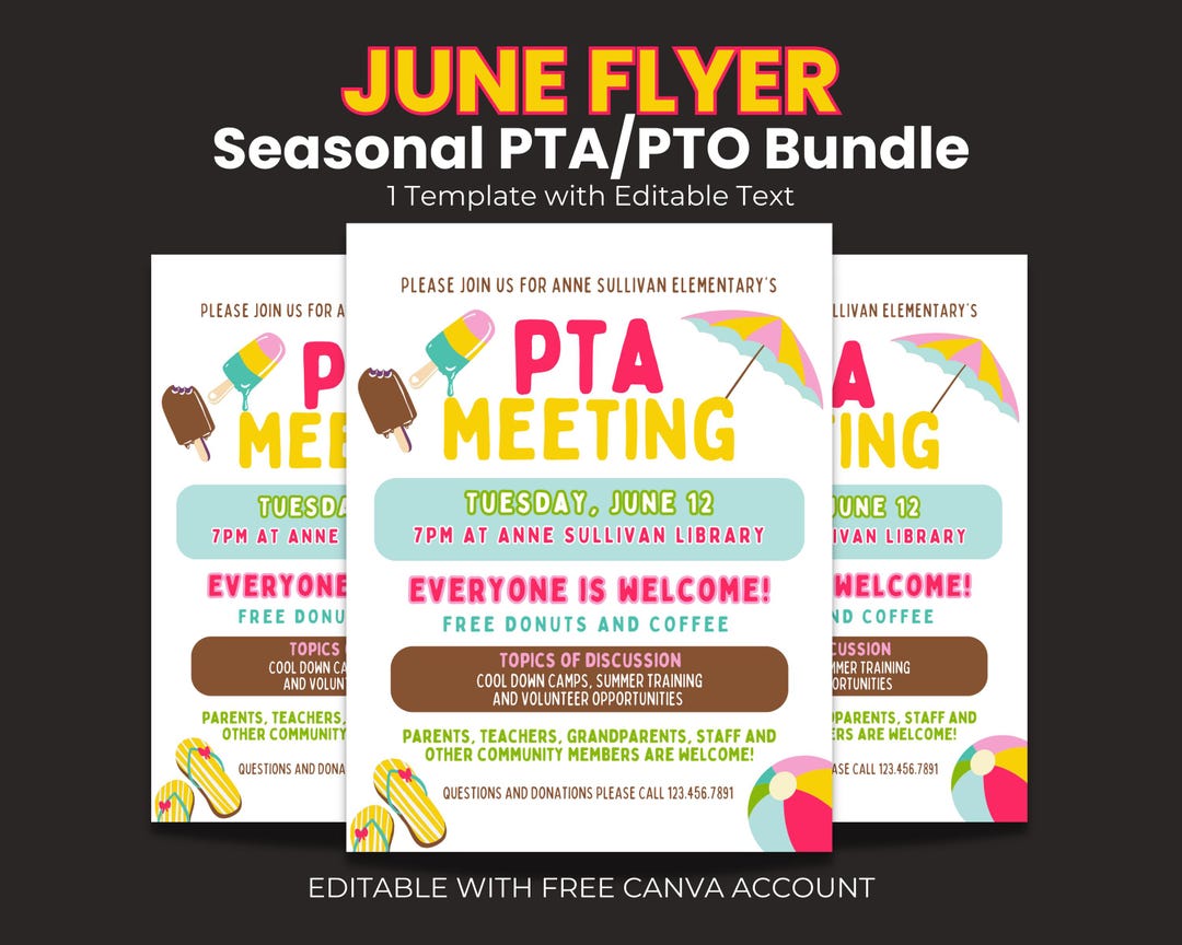 Editable June PTA PTO Meetings Flyer Template Printable Handout School ...