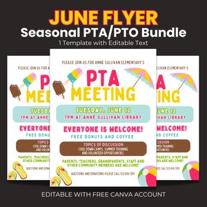 Editable June PTA PTO Meetings Flyer Template Printable Handout School ...