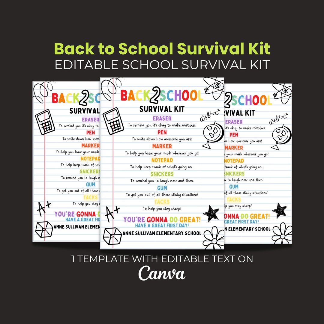 Editable Back to School Survival Kit Card, Staff Teacher Gift ...