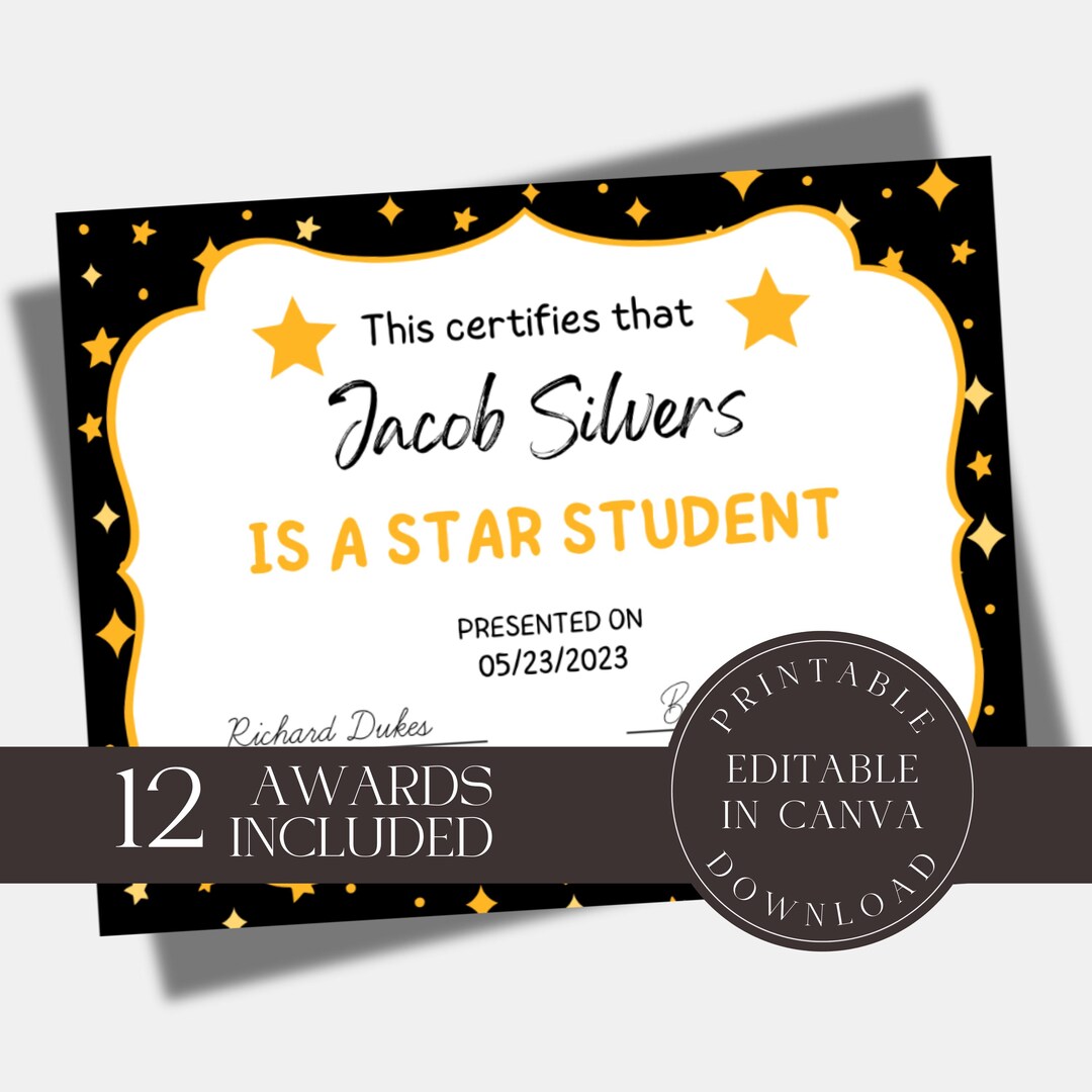 Editable School Certificate Star Student Elementary Classroom Award ...