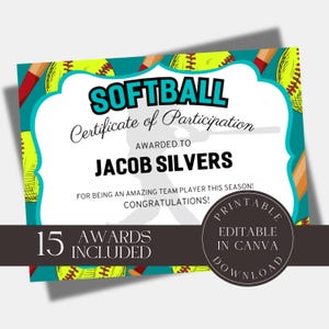 Editable Softball Awards Printable, Softball Team Certificate Bundle ...