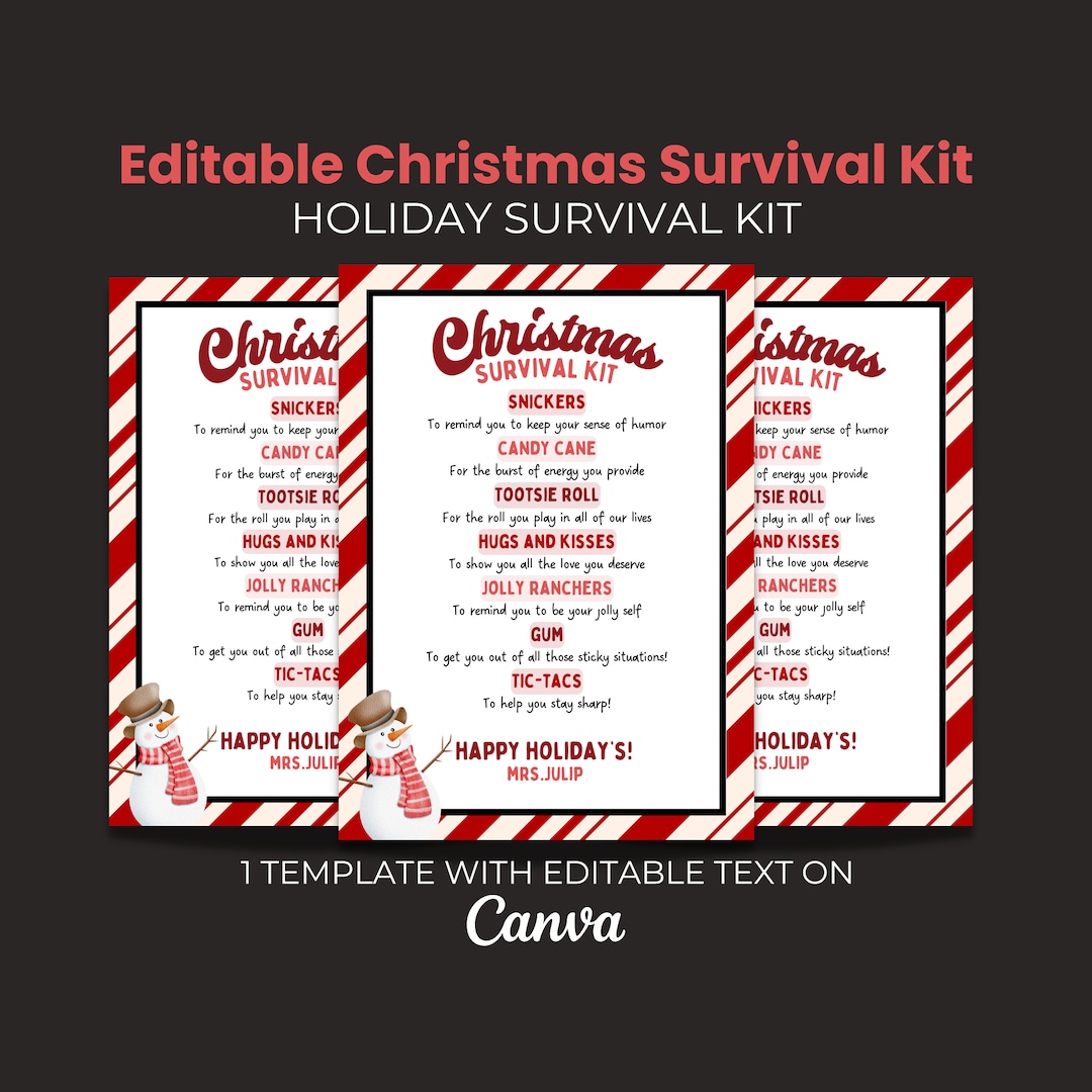 Editable Christmas Survival Kit Card, Staff Teacher Appreciation Gift ...