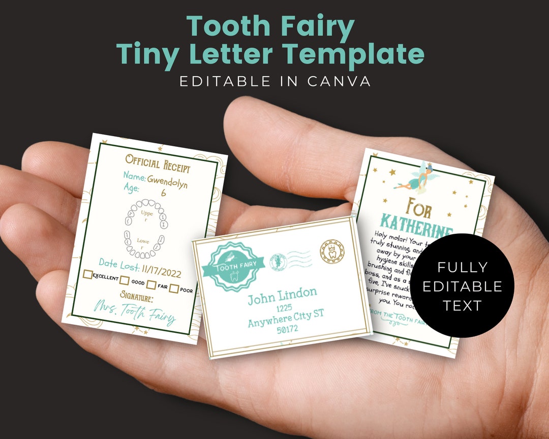 Editable Printable Mini Tooth Fairy Set Gold and Teal With Envelope ...