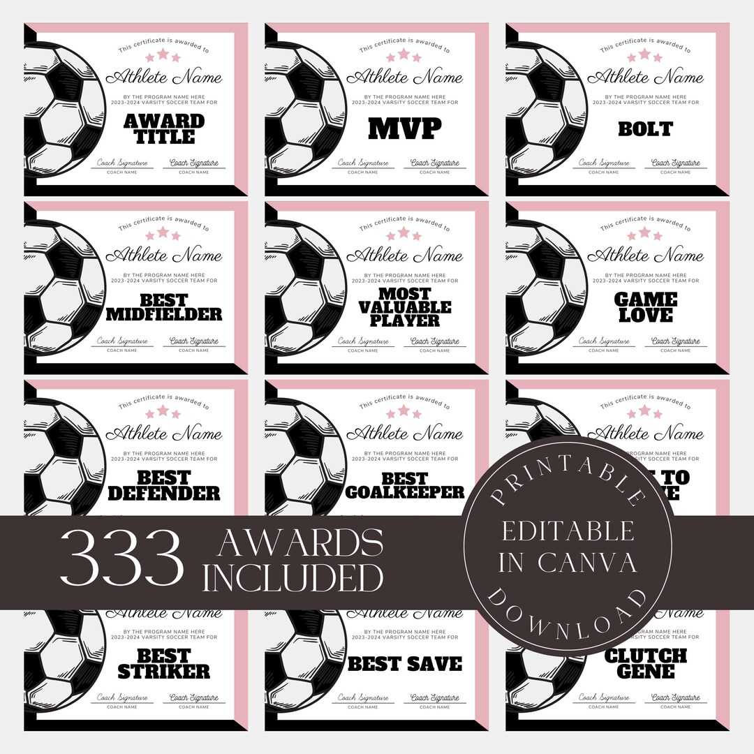 Editable Soccer Award Certificate Bundle Team Awards (canva Template ...