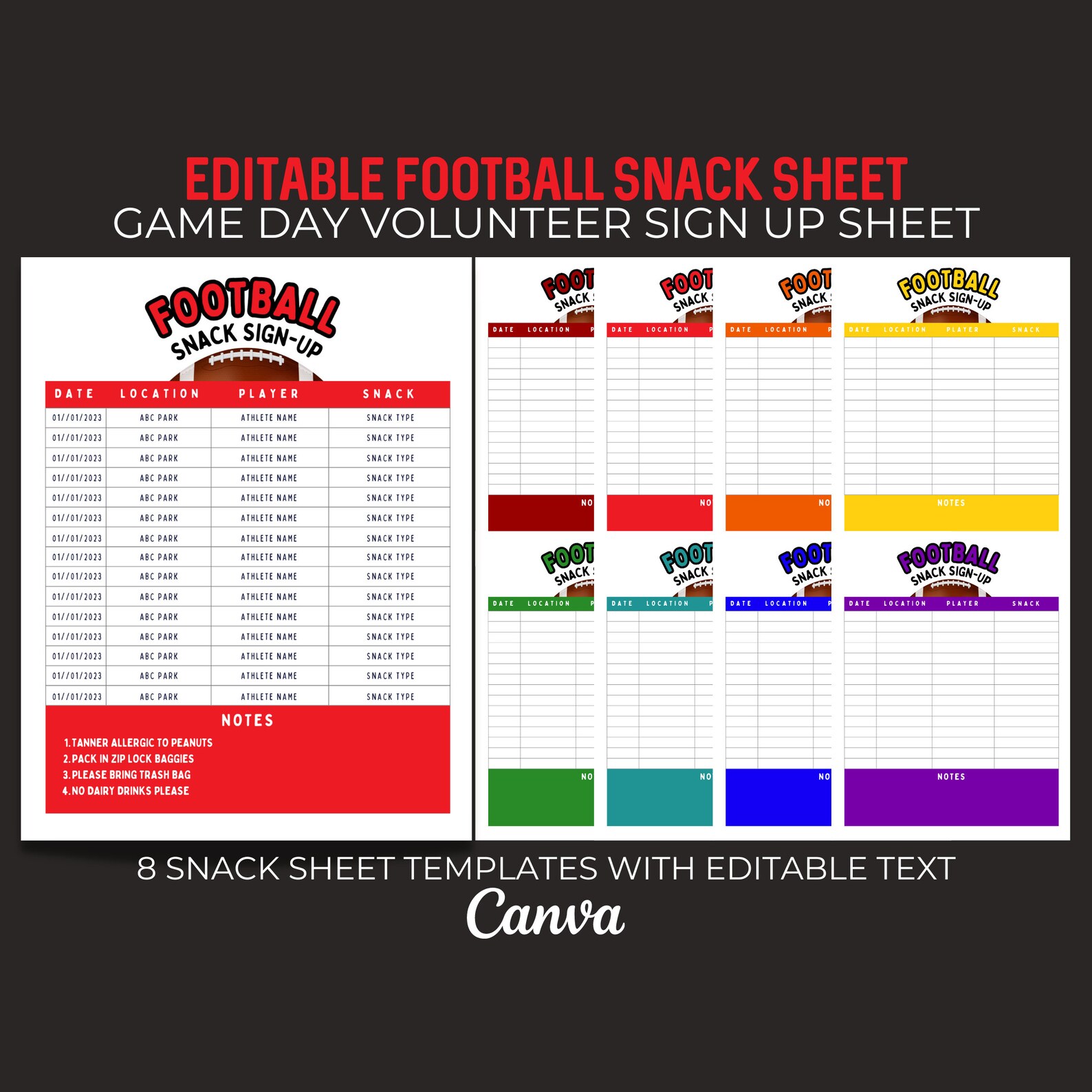 Editable Football Snack Sign up Sheet Game Day Schedule Canva - Etsy