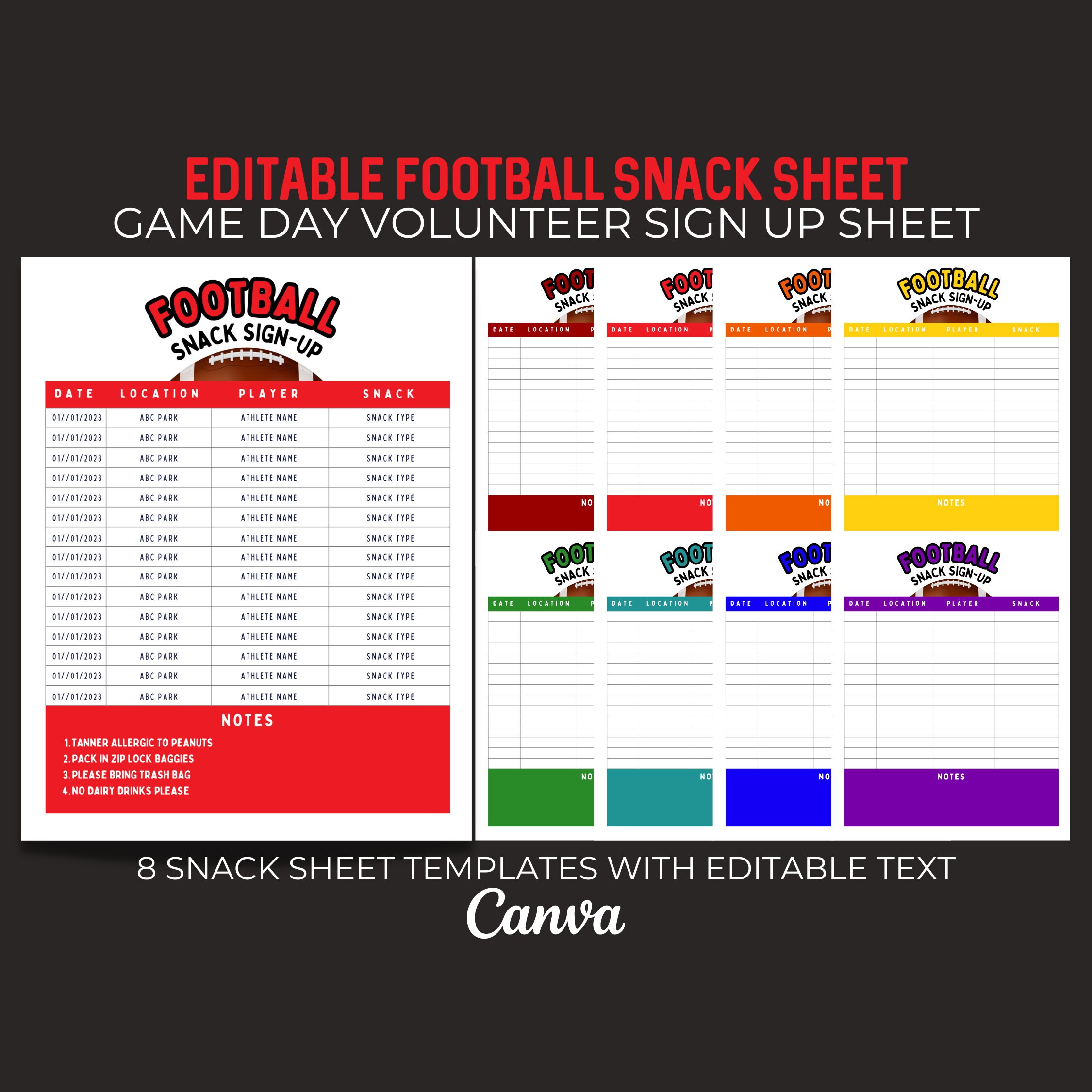 Editable Football Snack Sign up Sheet Game Day Schedule Canva - Etsy