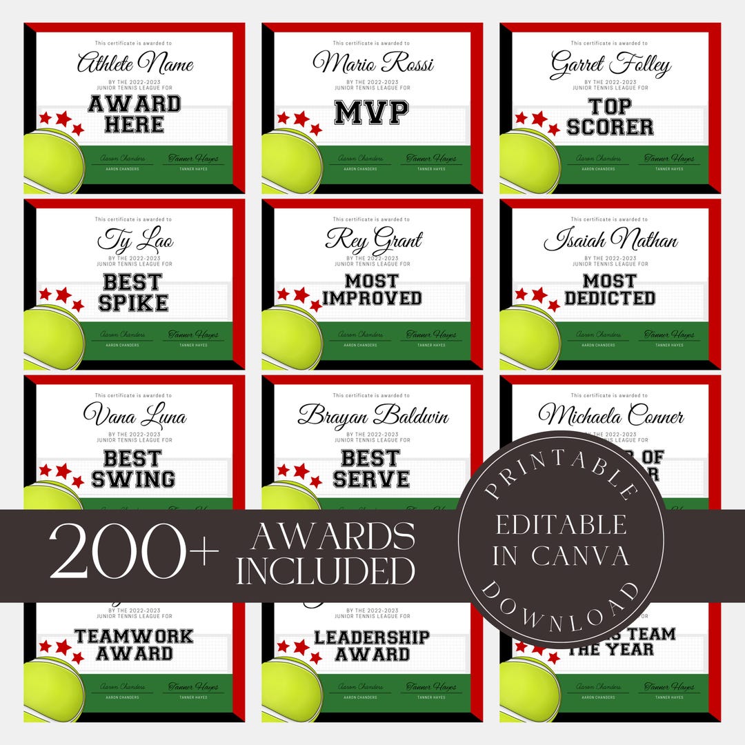 Custom Tennis Award Certificates, Editable Tennis Team Awards ...