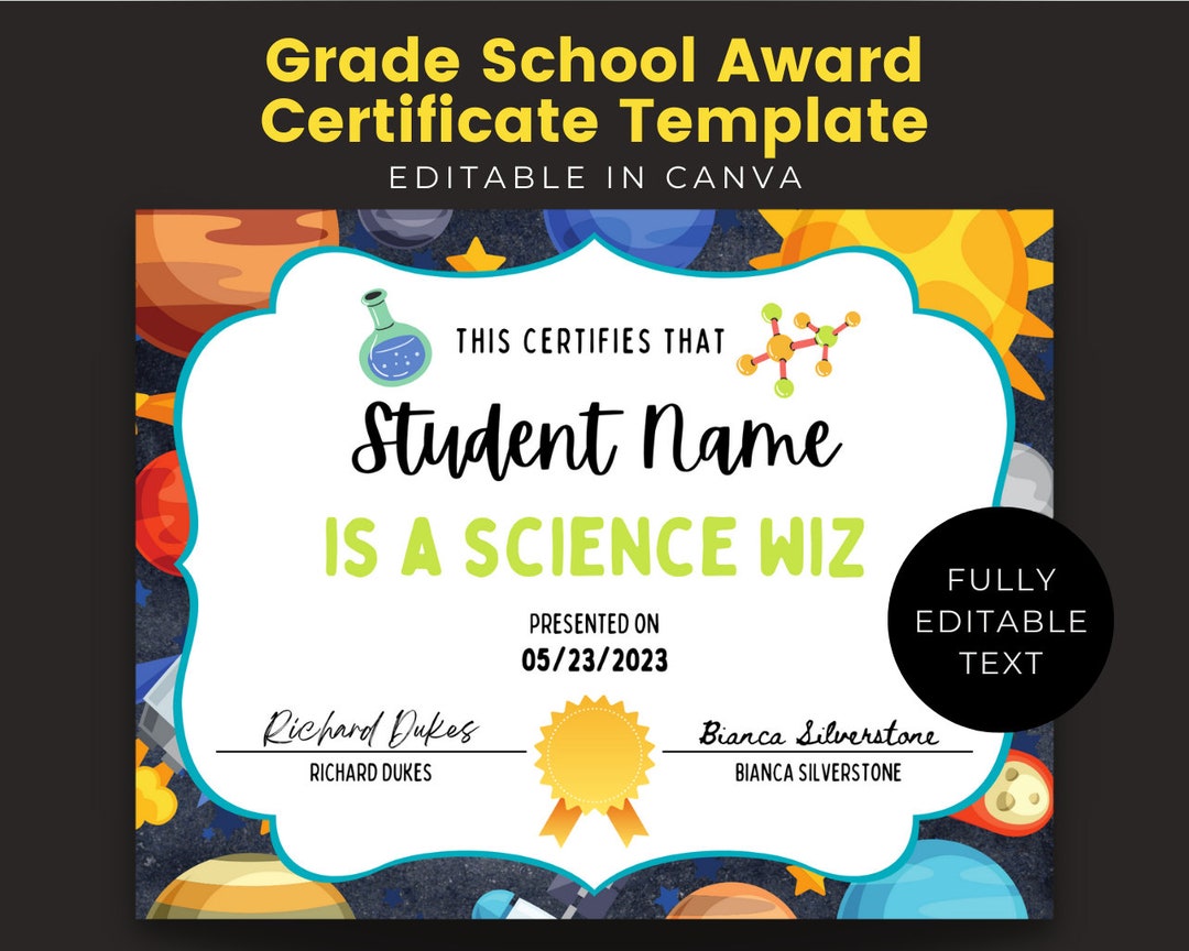 Editable School Certificate Science Student, Elementary Classroom Award ...