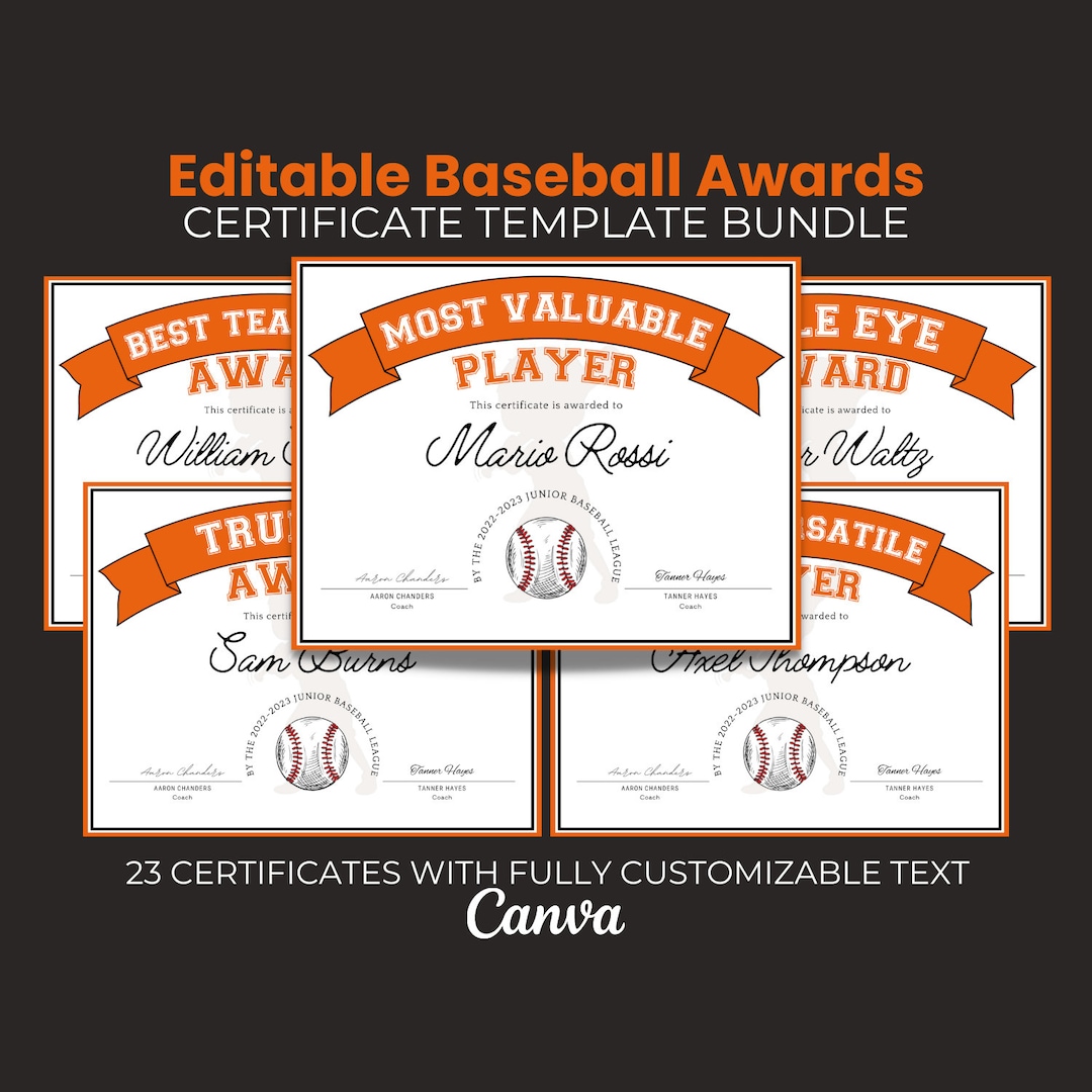 Editable Baseball Award Certificate Bundle, Editable Canva Template ...