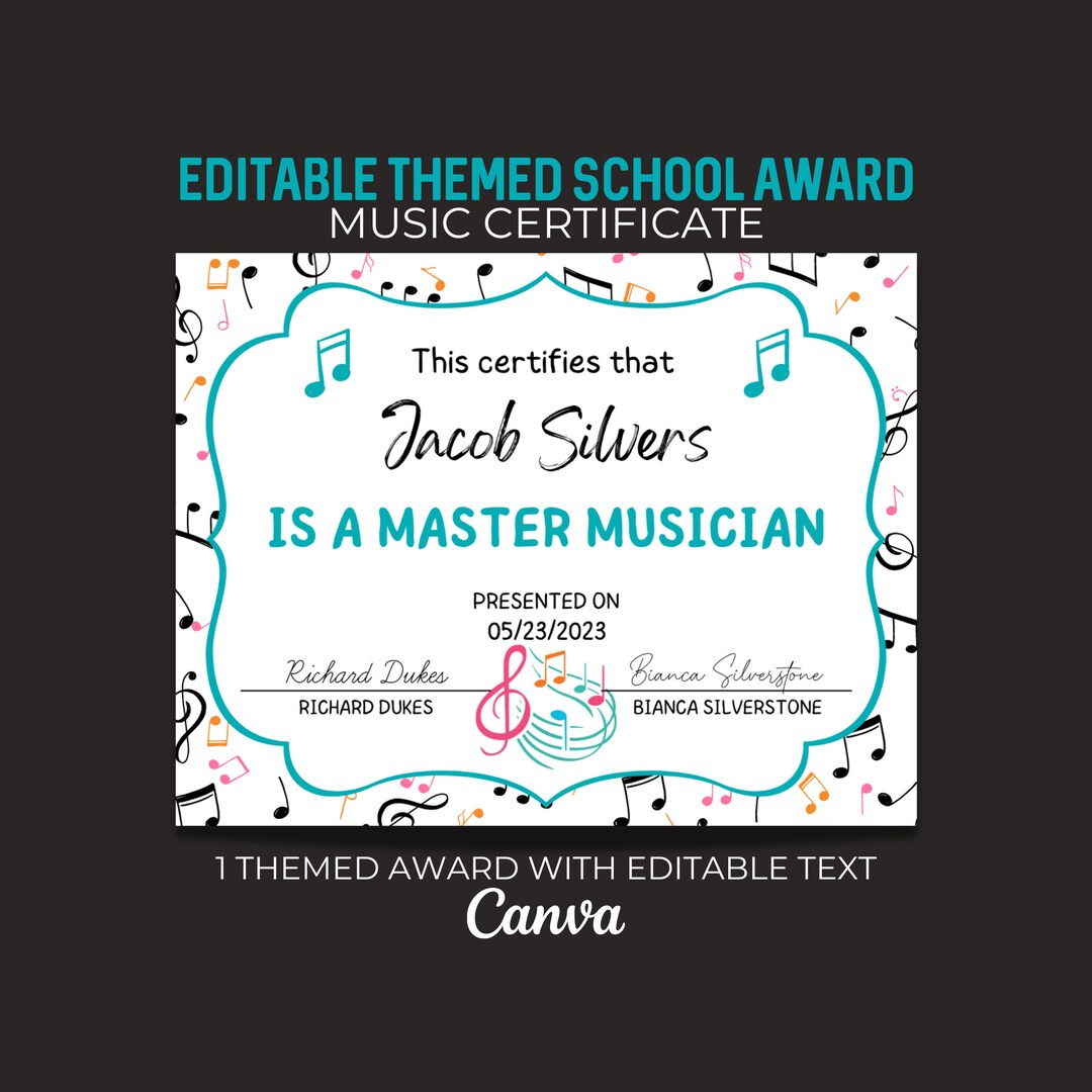 Editable School Certificate Student Music Award Elementary - Etsy