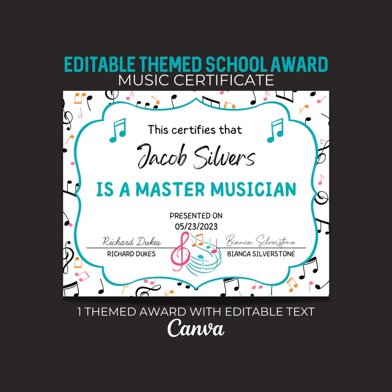 Editable School Certificate Student Music Award Elementary - Etsy