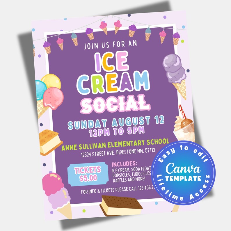 Ice Cream Social Flyer Template, Summer Party Printable, School Event ...