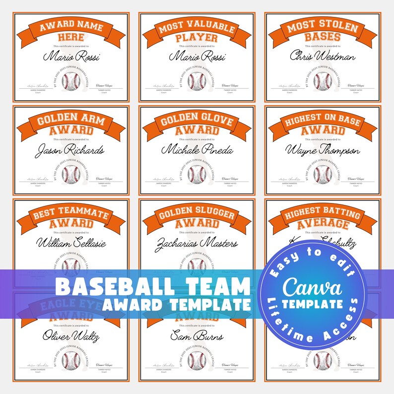 Personalized Baseball Award Certificates Editable Team Awards (canva ...