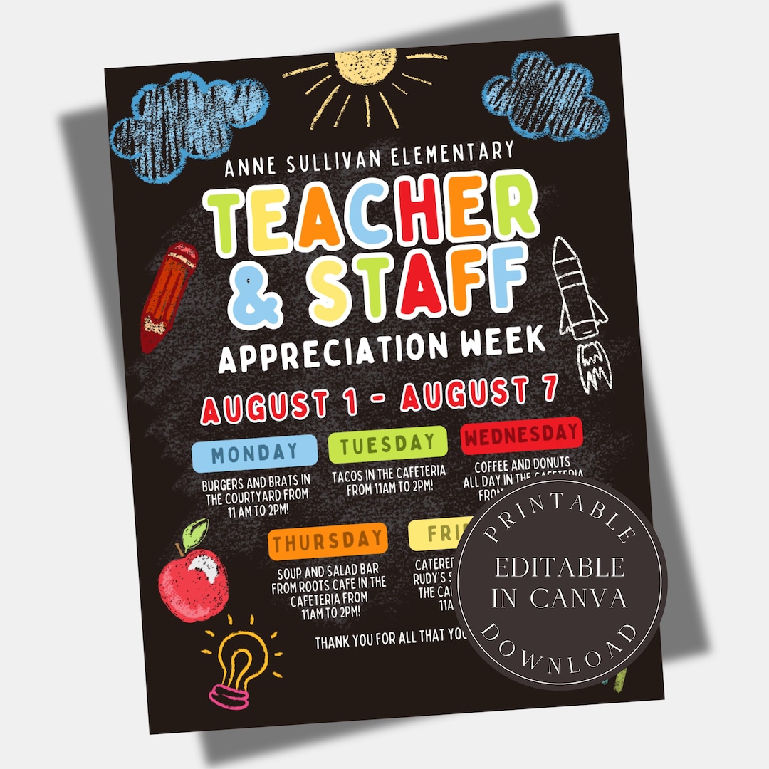 Editable Teacher Appreciation Week Itinerary Flyer Teacher's Week Event ...