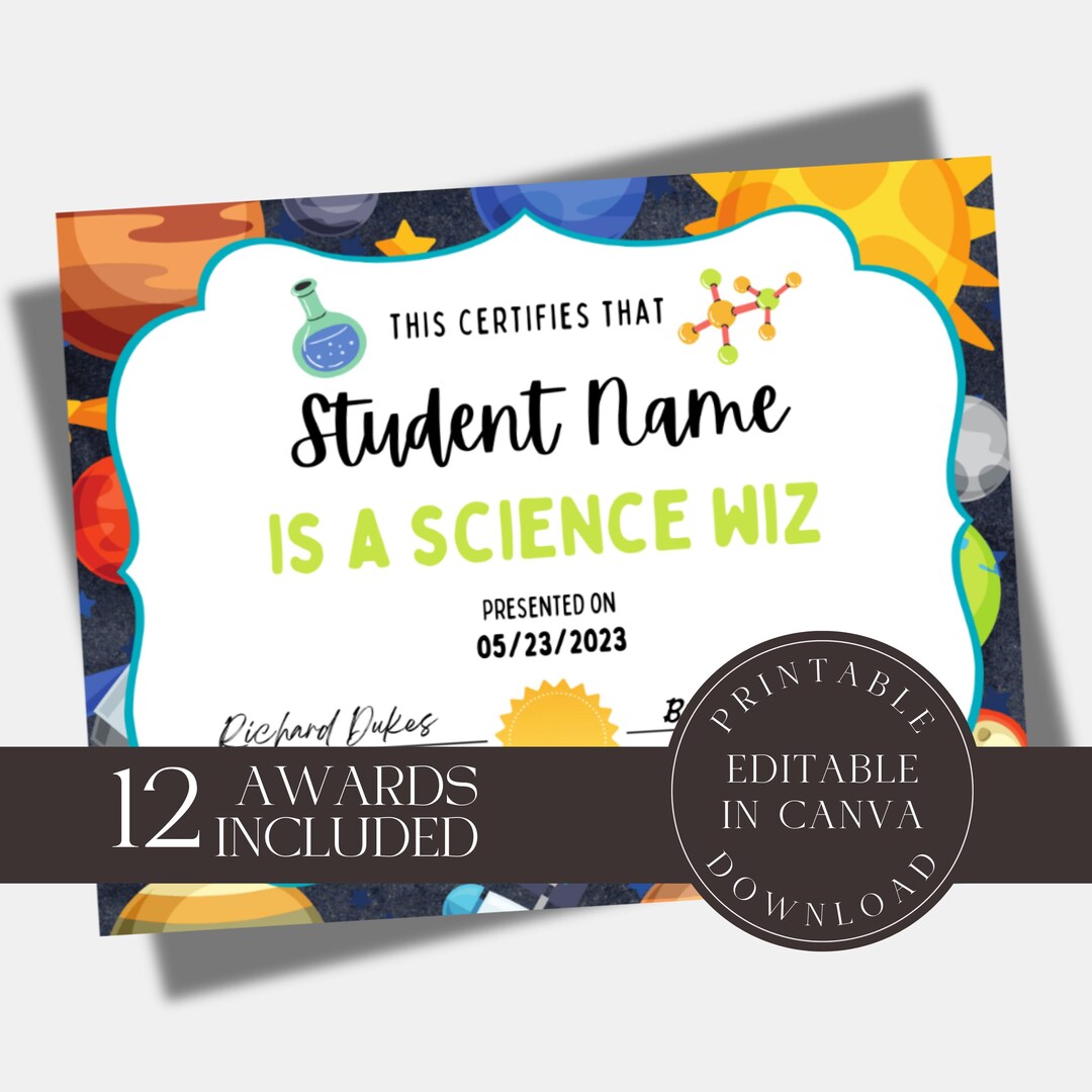 Editable School Certificate Science Student Elementary Classroom Award ...